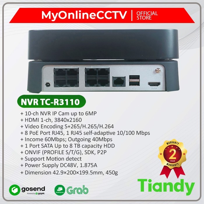 NVR POE 8CH TIANDY TC-R3110 Support ONVIF IP Camera CCTV Up to 6MP | Shopee Philippines