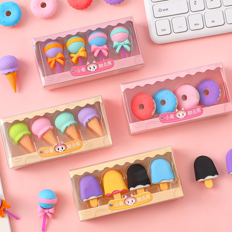 【MAPLESOL】4 In 1 POPSICLE DONUT ICE CREAM MODEL PENCIL ERASER / CUTE ...