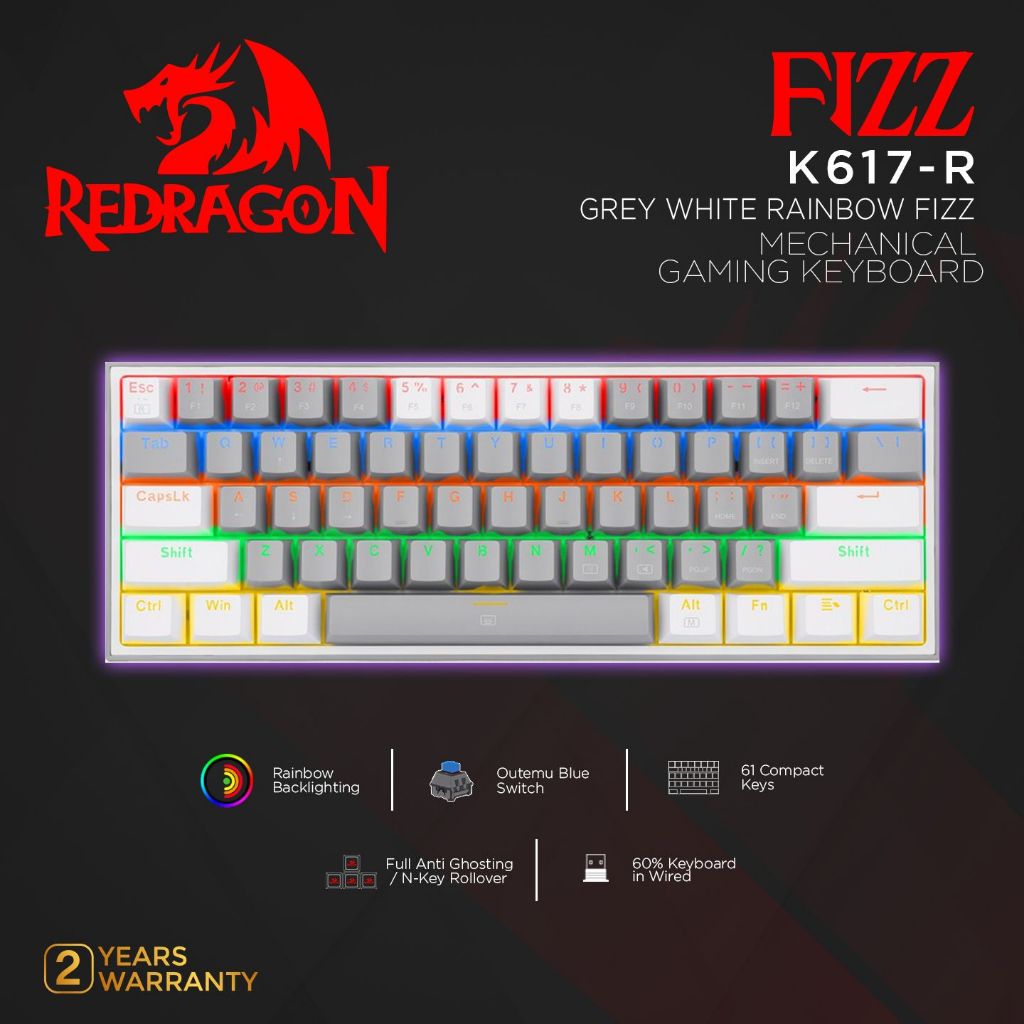 REDRAGON Reddragon Mechanical Gaming Keyboard 60% GREY WHITE RAINBOW ...