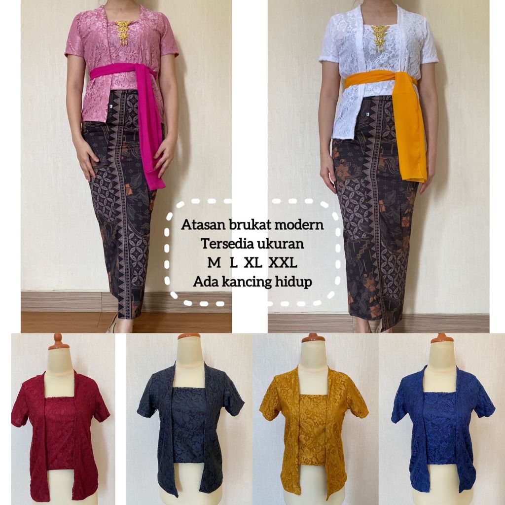 MERAH Plain Kutubaru Kebaya, Fine Brocade, Red, White, Black, Short ...