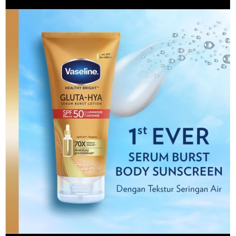 New vaseline gluta hya serum burst Sunscreen SPF 50 PA+++ vaseline 200ml 100% ORI unilever ...