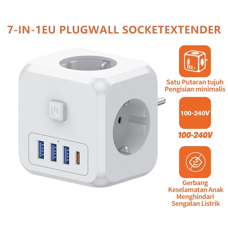 Cube 7 in 1 Electrical Plug Cable Socket Hole Plug*3 USBx3 +Type Cx1 ...