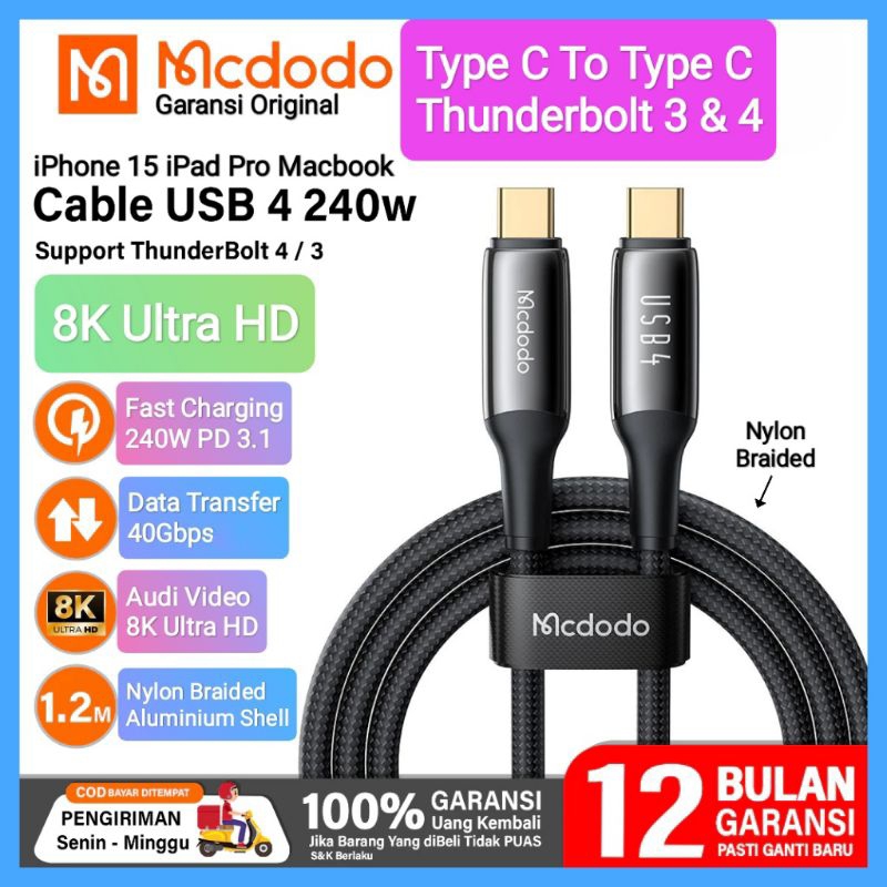 Mcdodo Data Cable Type C to Type C Thunderbolt 8K Ultra HD 40Gbs ...
