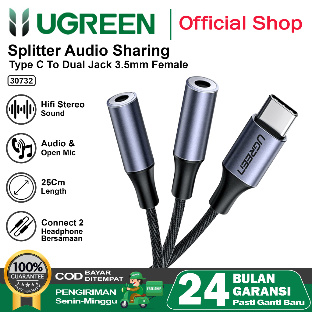 Ugreen Audio Cable Splitter Type C to Dual Jack 3.5mm Audio Music Call ...