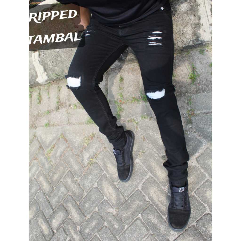 Men's ripped knee pencil pants WEAR Korean style / Men's PATCHING ripped trousers / Men's Skinny ...