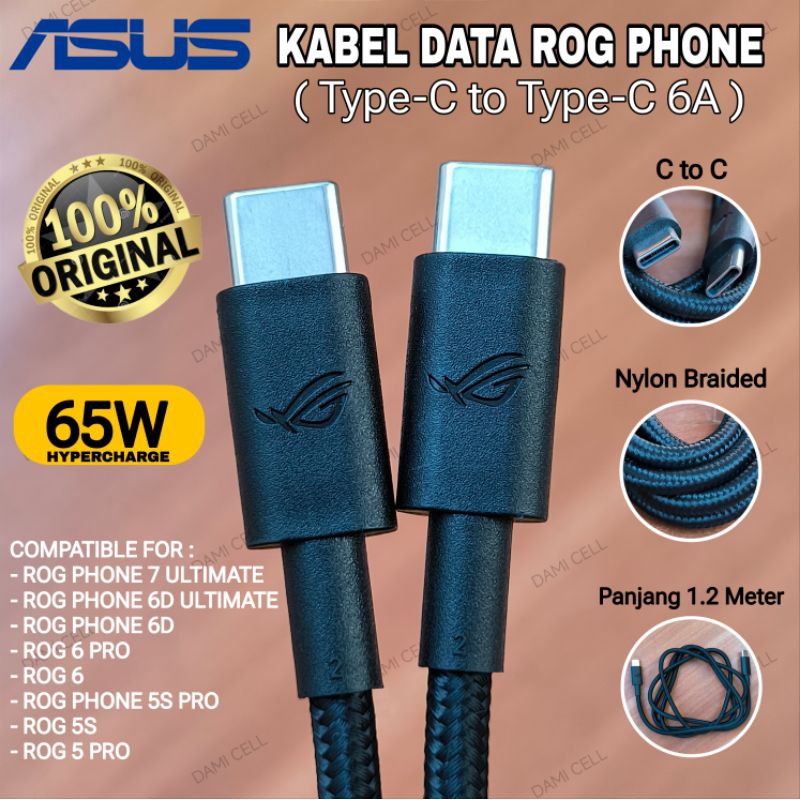 Rog Phone Data Cable Original Asus Cable Type C to C 6A HYPERCHARGE 65W ...