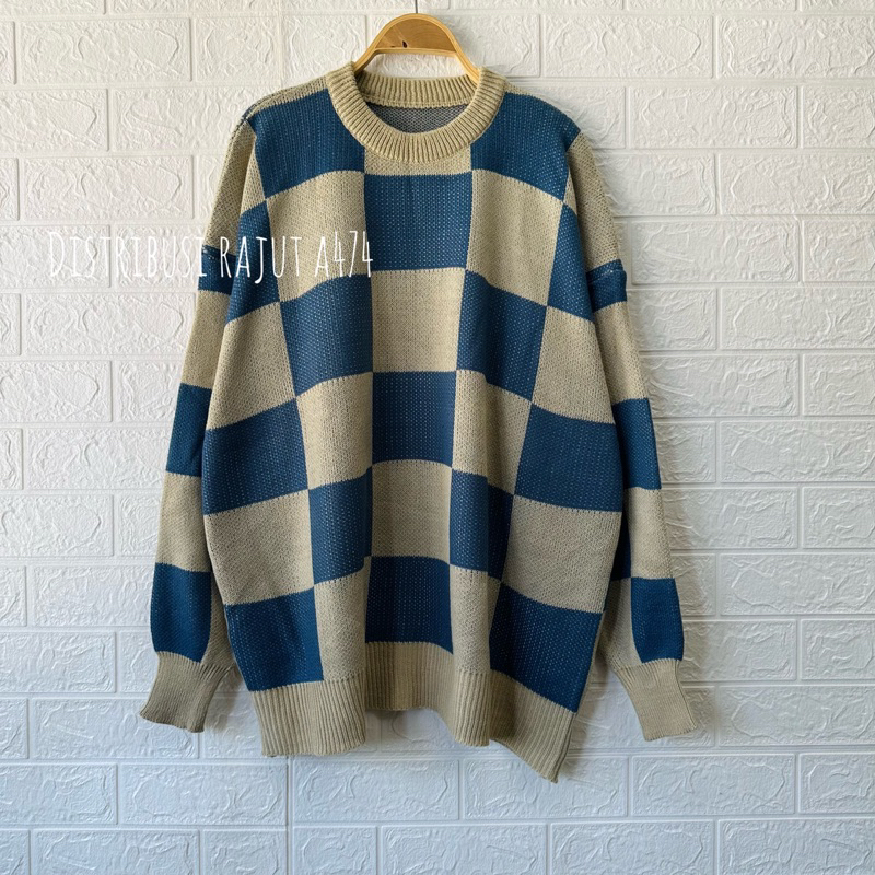 Anjani KNITWEAR BAJU OVERSIZE KNITTED SWEATER TOP PLAID MOTIF KOREAN ...