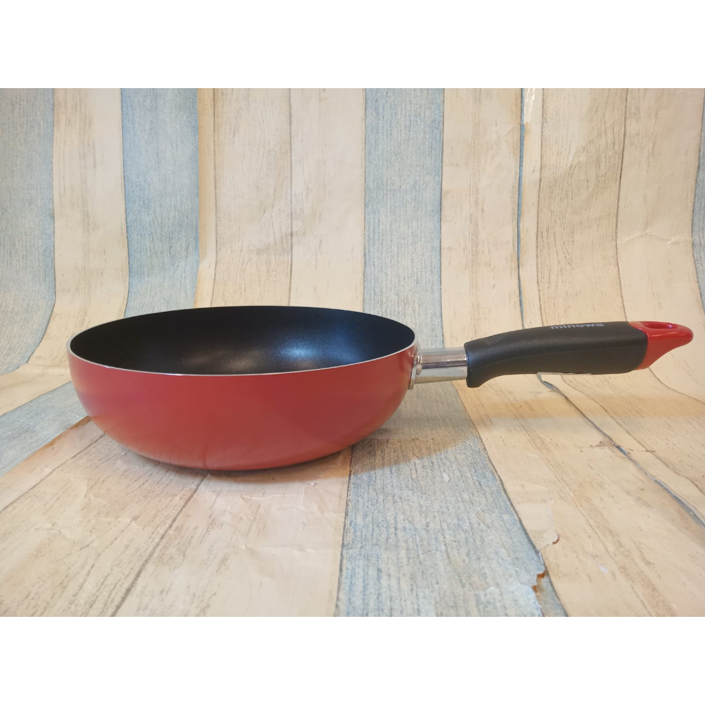 MERAH Minowa Red Concave Wok Pan Teflon 20cm 22cm 24cm 26cm 28cm 30cm ...