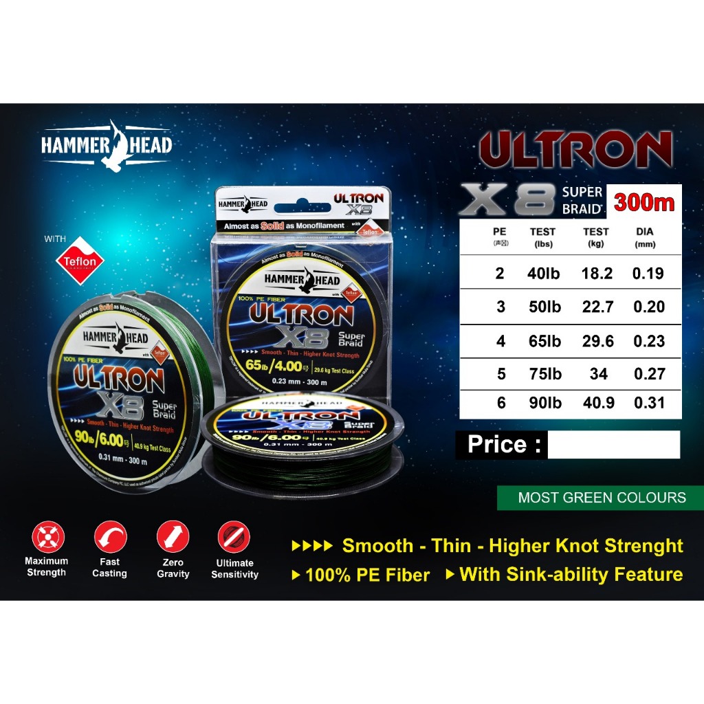 Hammerhead ULTRON X8 Fishing Line 300M Moss Green PE Fishing Line ...