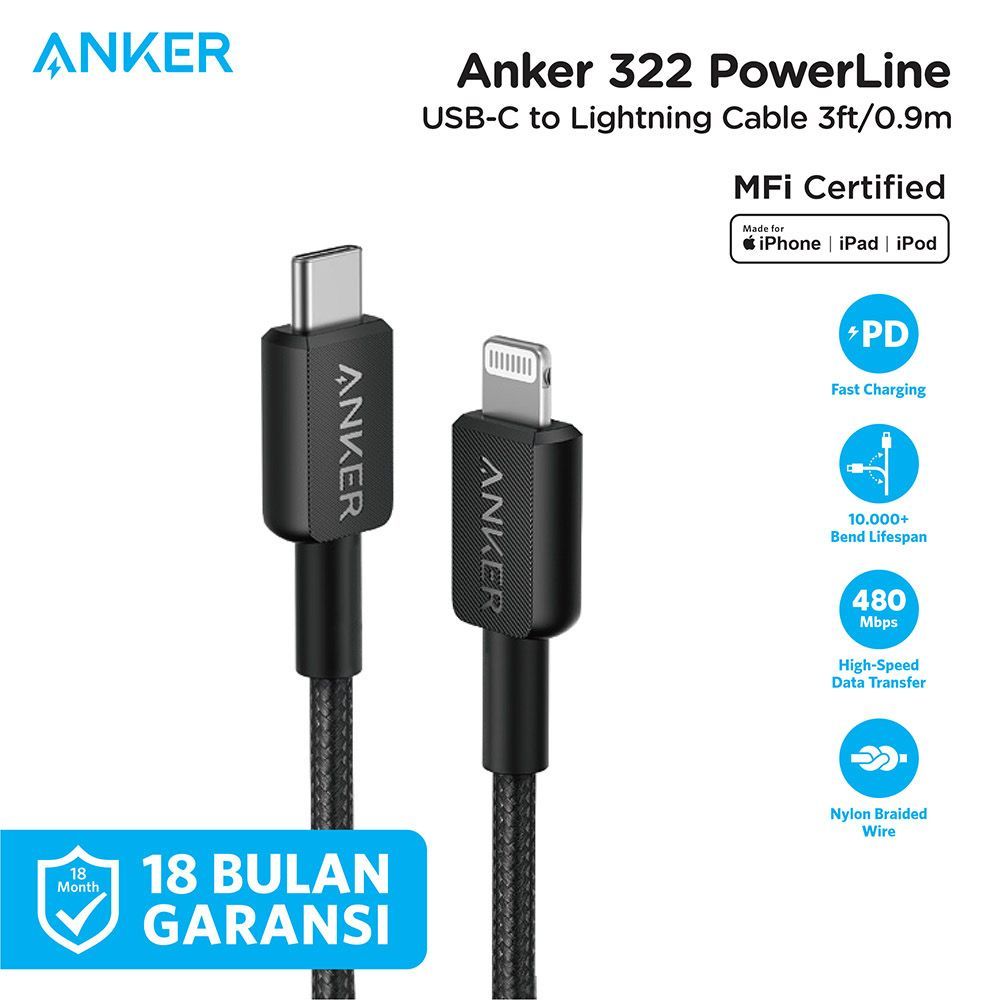 Anker 322 USB-C to Lightning Cable (3ft Braided) Charger Cable - A81B5 ...