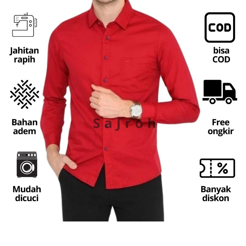 MERAH KEMEJA Men's plain long-sleeved short-sleeved red chili shirt ...