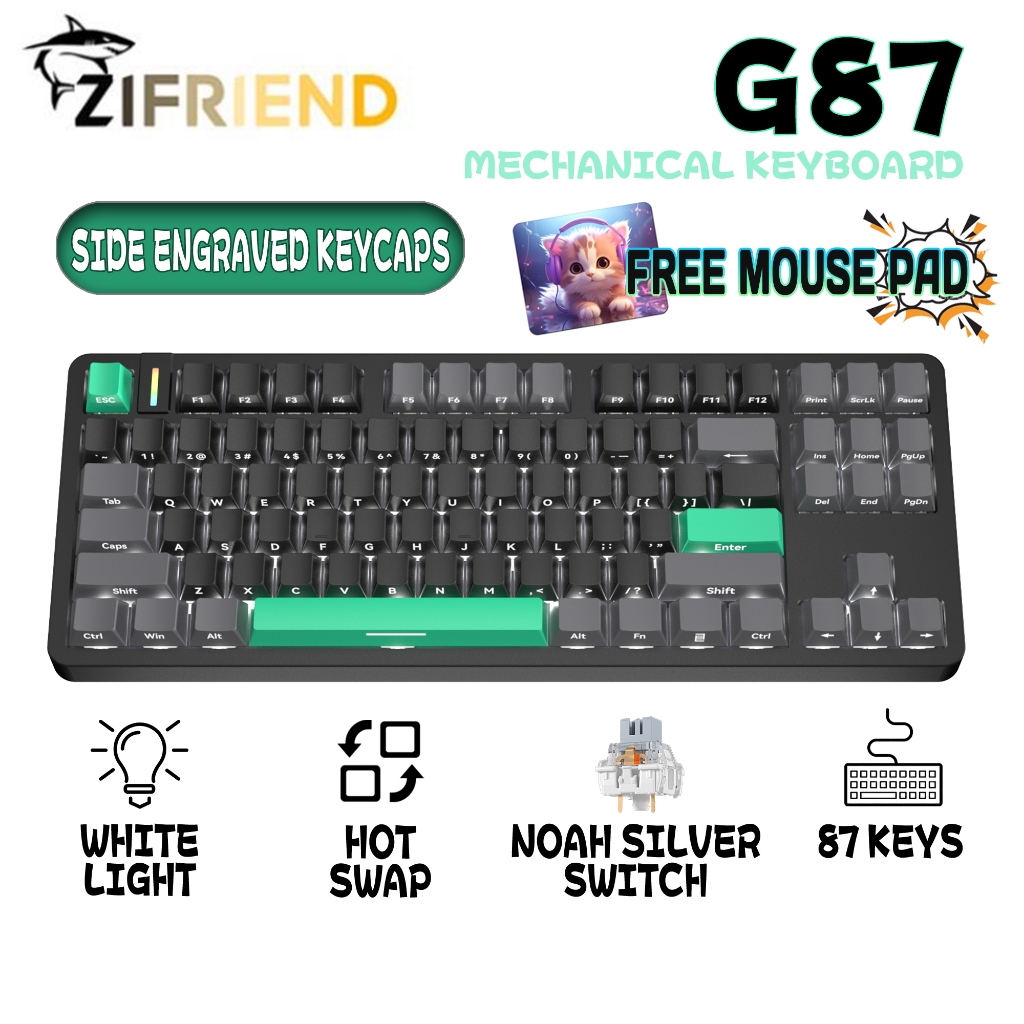 Zifriend G87 Gaming Mechanical Keyboard Side Engraved Keycaps White ...