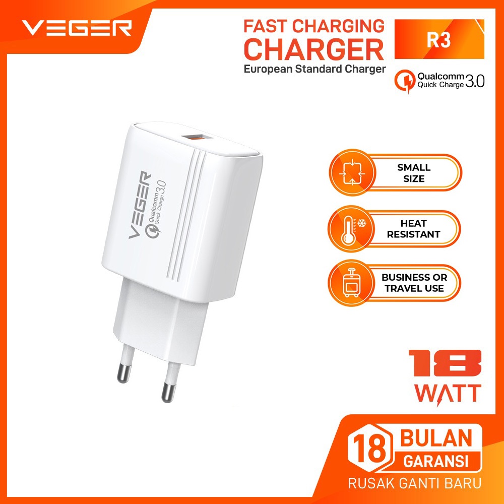 Wall Charger Veger R3 Single Port USB Quick Charge QC 3.0 18 Watt 18W ...