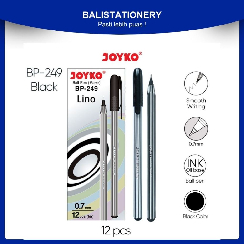 HITAM Pens / Joyko Ball Pens / Joyko BP-249 Lino Black 0.7mm 1 Dozen ...