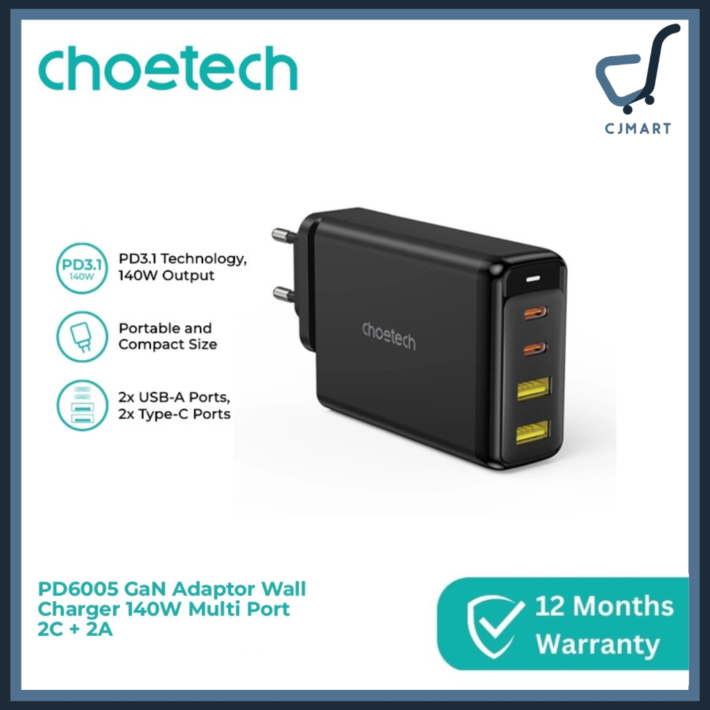 Choetech PD6005 GaN Adapter Wall Charger 140W Multi Port 2C+2A | Shopee ...