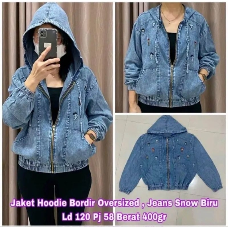 Snow denim jeans hoodie Jacket embroidered with mini Snoopy jumbo motif ...