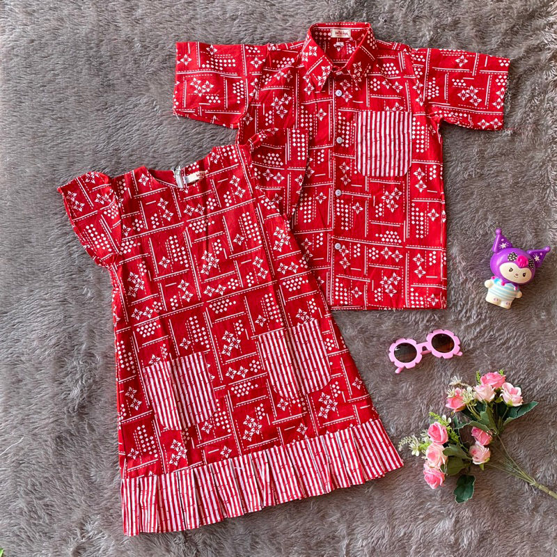 KATUN MERAH PUTIH Couple DRESS FOR GIRLS AND BOYS BATIK RED WHITE RAINI ...