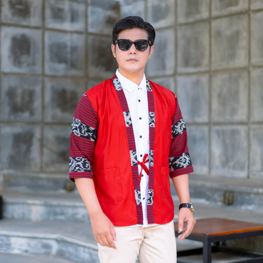 MERAH Fixcool Outer Kimono Ethnic Weaving Sleeve 3/4 Red Chili | Shopee ...
