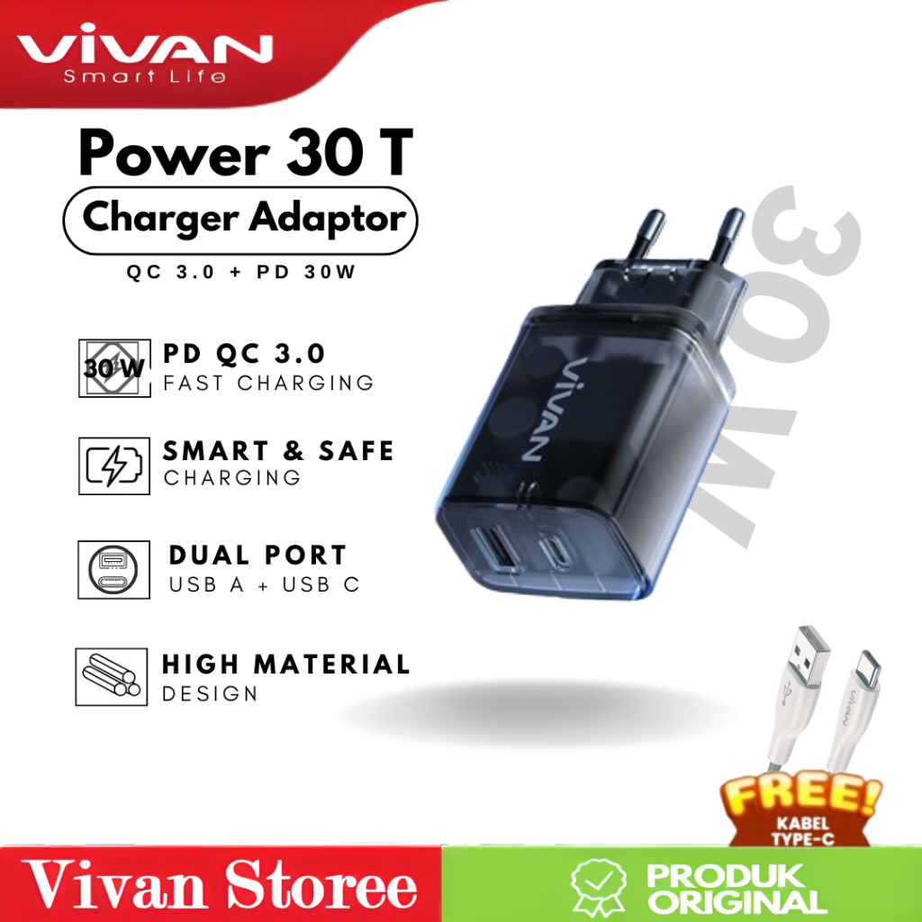 Vivan Power 30 T Charger Adapter 30 W (QC+PD) Fast Charger Dual Port ...