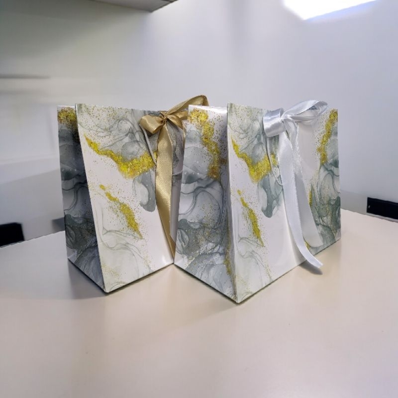 Thick Marble Motif Paper Bag Glossy White Ribbon Elegant Simple ...