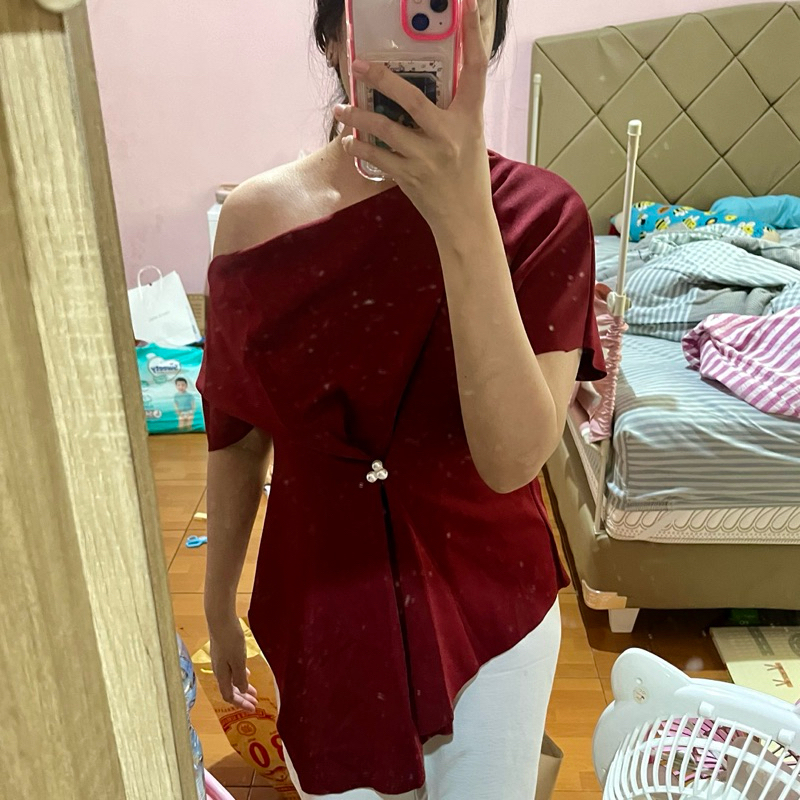 MERAH Cottonbells Blouse Sabrina Red (NEW) | Shopee Philippines