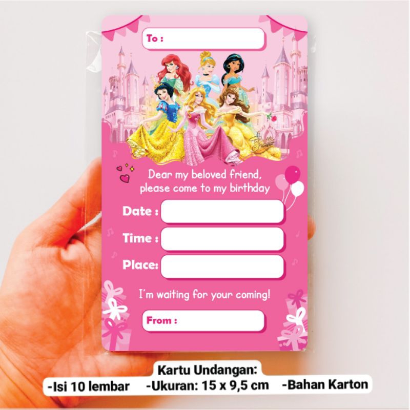 Princess BELLE INVITATION CARD ARIEL CINDERELLA SNOW WHITE AURORA ...