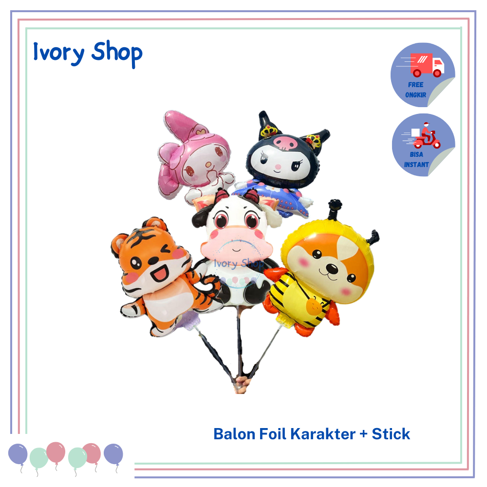 Character Balloon+Stick Doraemon Kuromi Mario bross Stick Rabbit Mickey ...