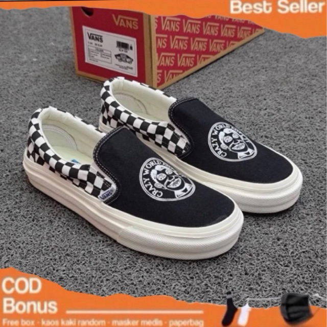 HITAM Vans Slip On Crazy world Black Premium Shoes /Vans Slip On Crazy ...