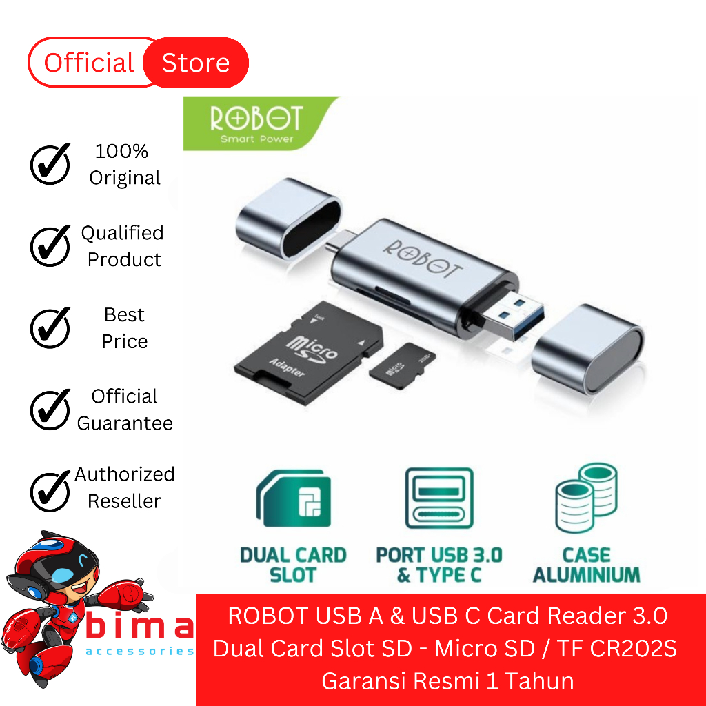 ROBOT Card Reader USB A & USB C 3.0 Dual Card Slot SD - Micro SD / TF ...