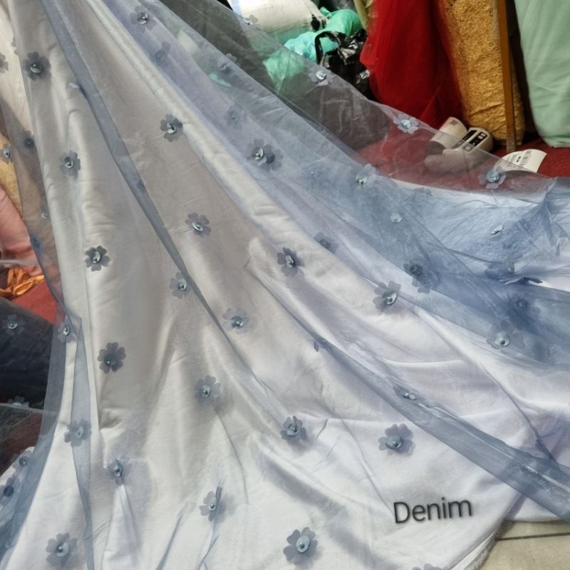 3d Organza Fabric | Pearl Embossed Flower Motif Glass Organdy Material ...