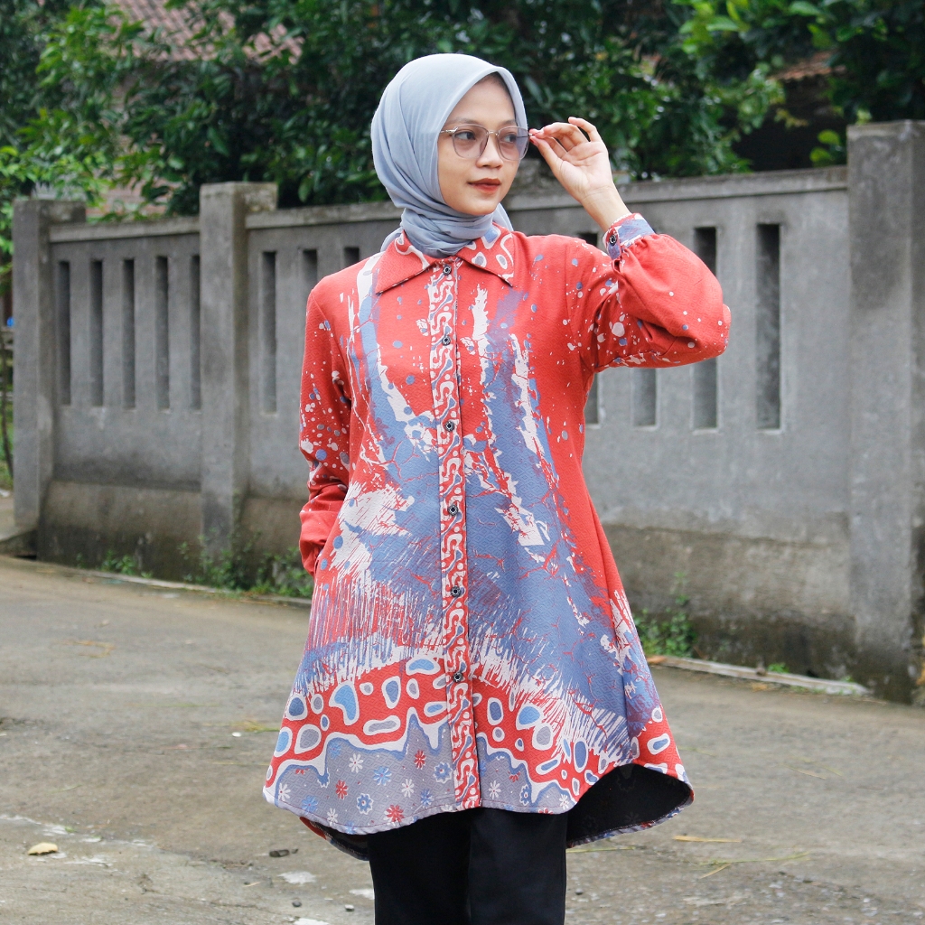 MERAH KATUN Kassandra RED Batik Tunic Dress for Office Work Women Long ...