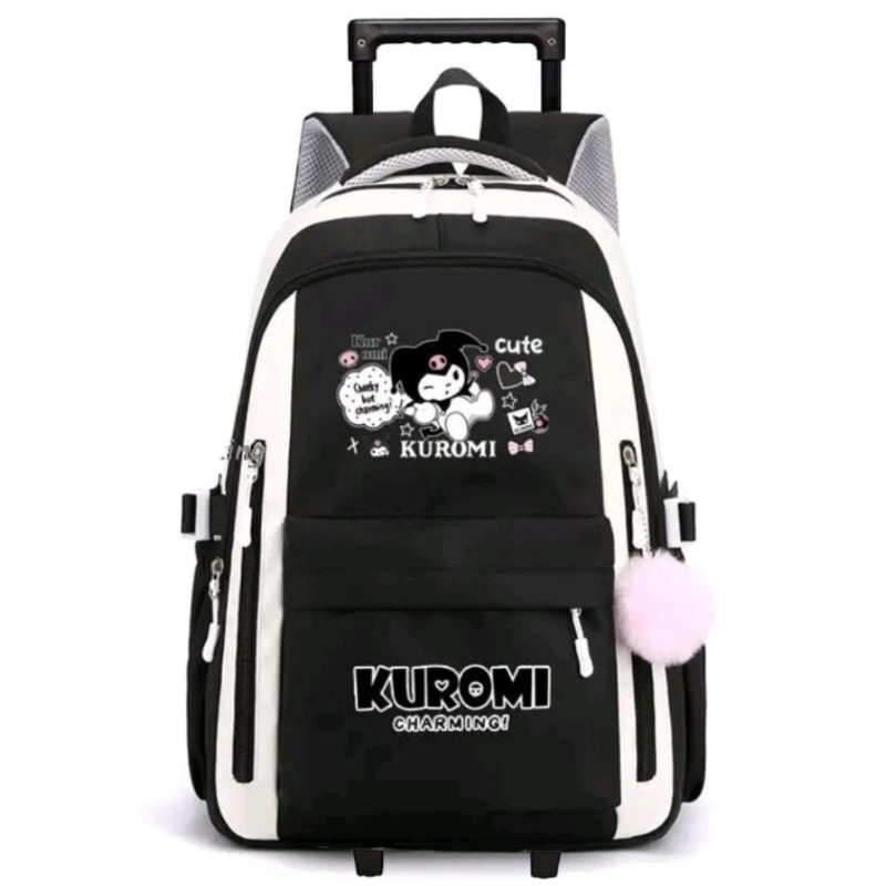 Trolley Bag Girls Push Wheel Backpack Kuromi Charming Backpack fashion ...