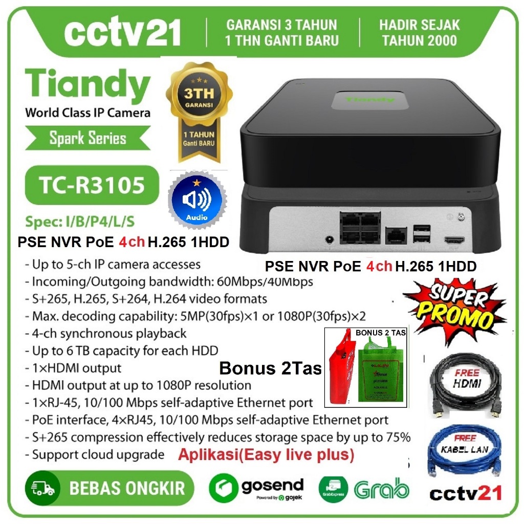 Nvr PoE 4CH 6MP Tiandy TC-R3105 Support All Brands IP Camera CCTV Up To 6MP Price Again cctv21 ...