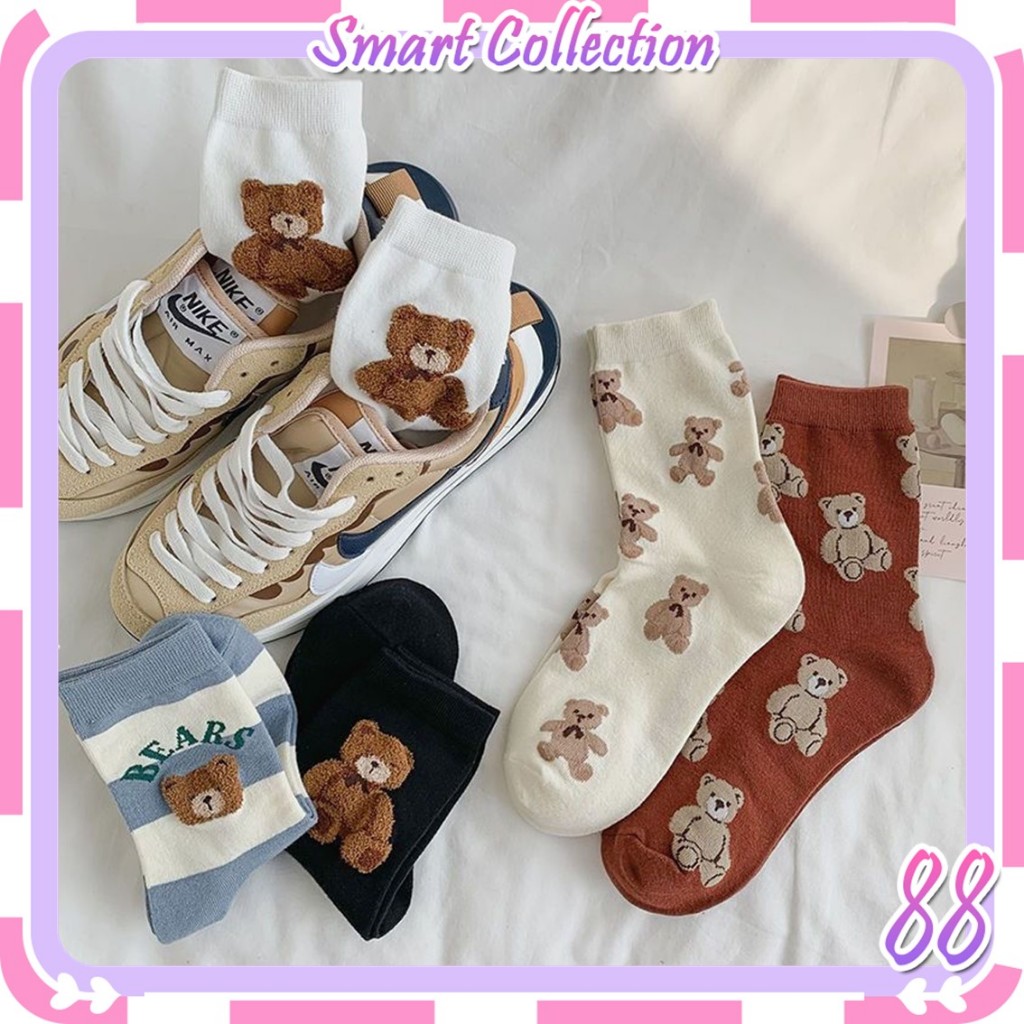 SC KK1419 Korean Women's Socks Bear Motif Long Legs Character Ankle ...