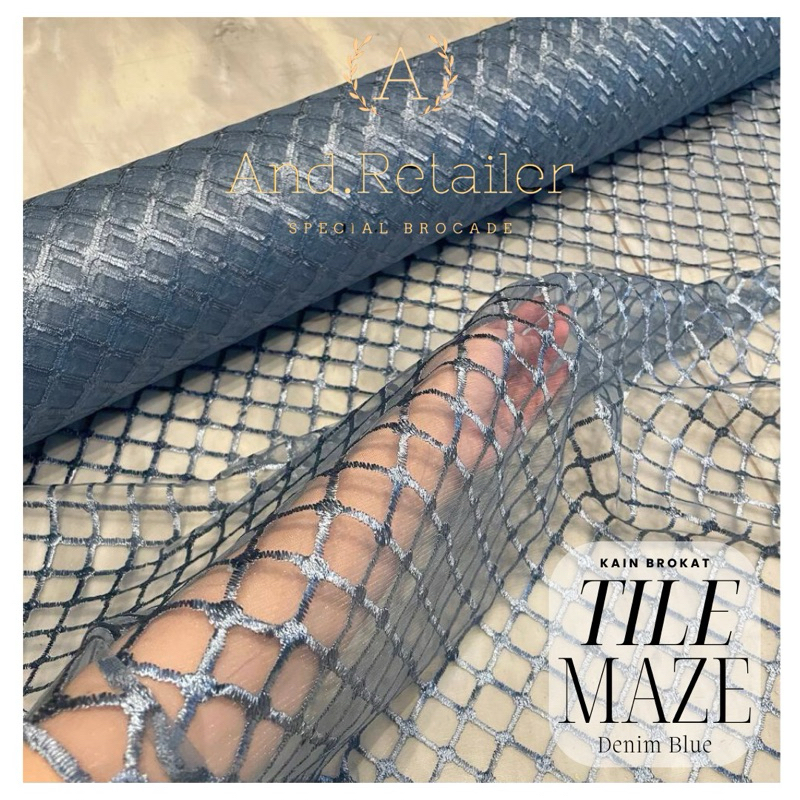 Tulle Mesh Square Tile Brocade Fabric Material Blue Denim Blue Denim ...
