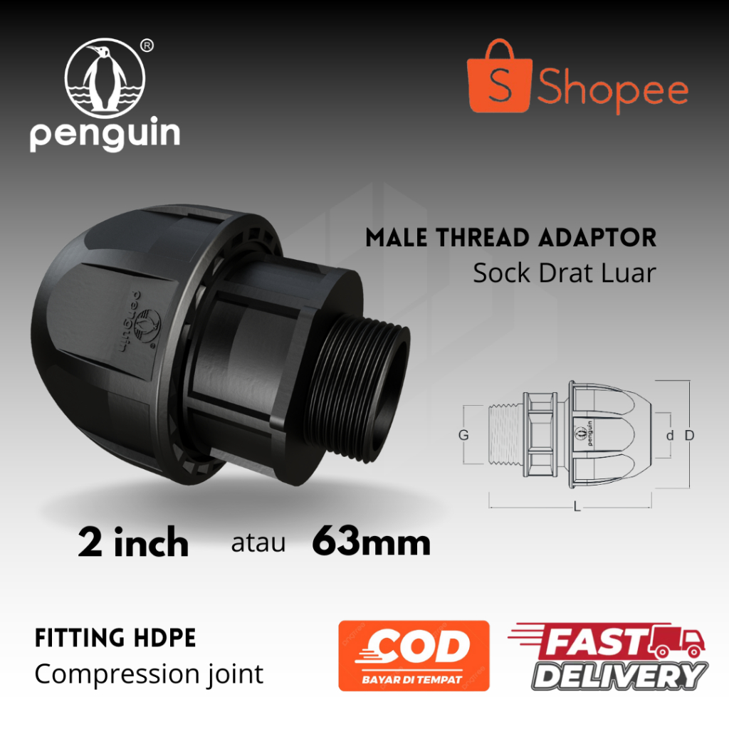 Hdpe Pipe Connection Male Thread Adapter / SDL size 2 inch or 63mm FITTING COMPRESSION PENGUIN ...