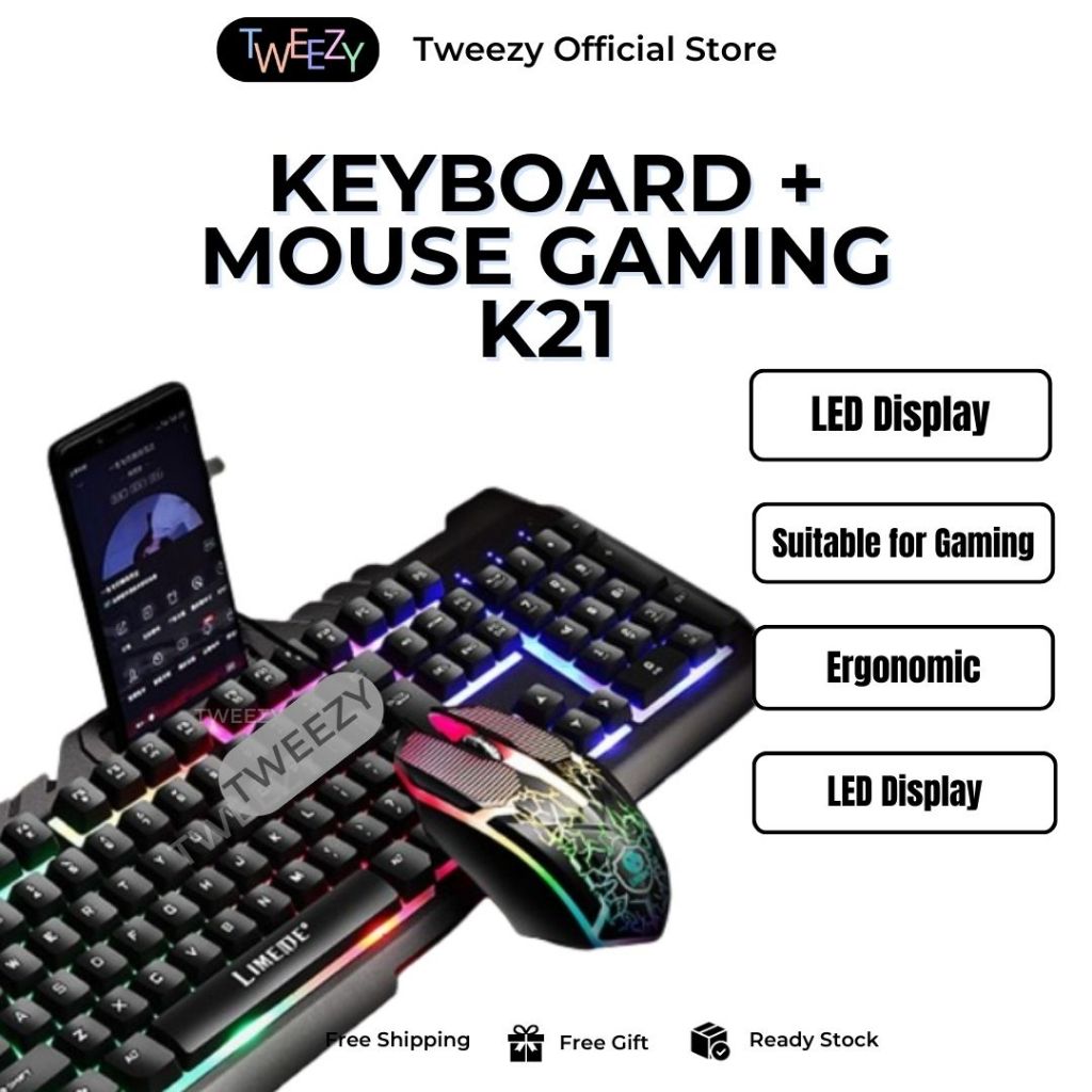 TOMBOL Keyboard Mouse Gaming Combo Set T21 K21 USB Cable LED Lightning ...