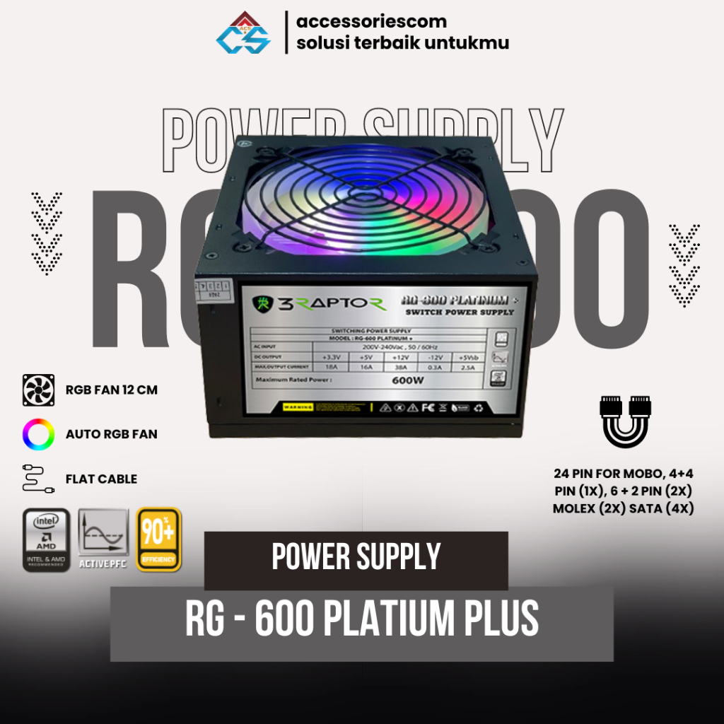 Power Supply PSU Gaming 3 RAPTOR RG-600 PLATINUM+ 600 Watt Fan RGB | Shopee Philippines