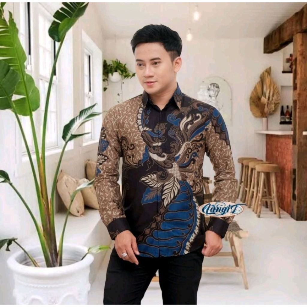 KEMEJA Men's Batik Shirt Long Sleeve Modern Men's Batik with Black ...