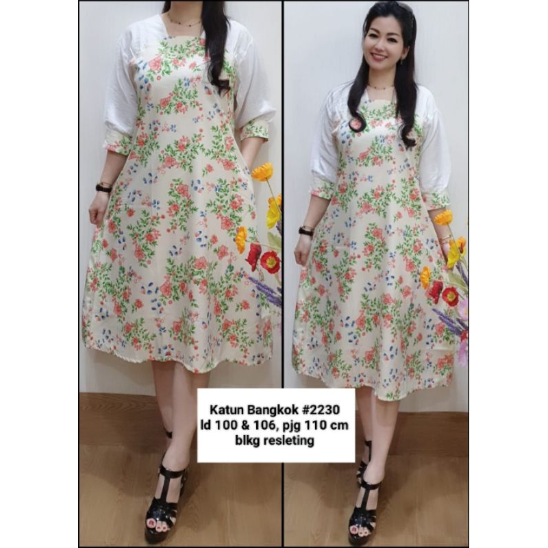 KATUN PUTIH Bangkok Cotton Dress With Combi Flower Pattern Plain White ...