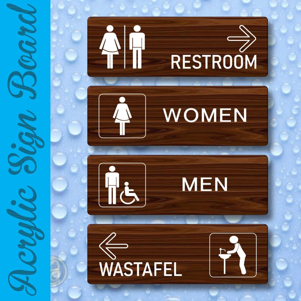 TOILET SIGN Acrylic 10x30cm - Restroom Signboard Premium Brown Wood ...