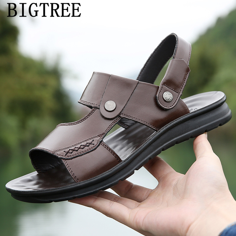 Men's Brown Leather Slide Sandals Casual REVA Adult Men's Slide Sandals ...
