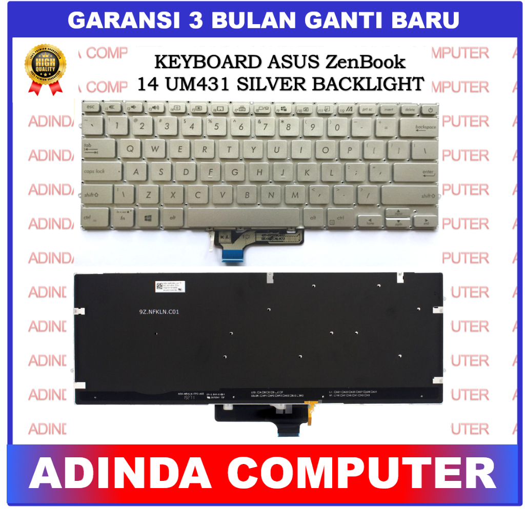 Keyboard Asus Zenbook 14 UM431 UX431FN UX431 Silver Backlight Backlite ...
