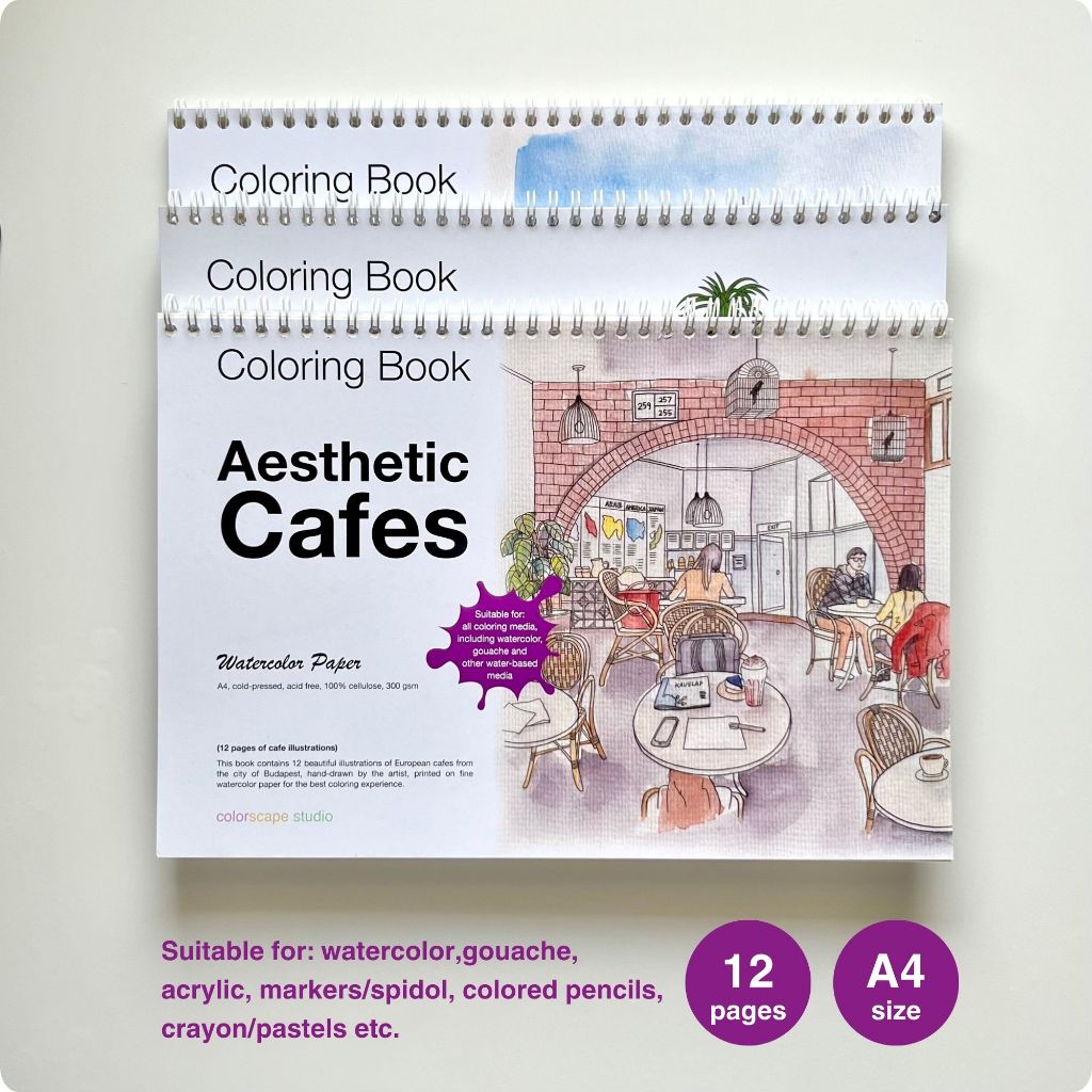 Colorscape Watercolor & Mixed Media Coloring Book - Aesthetic Cafes ...