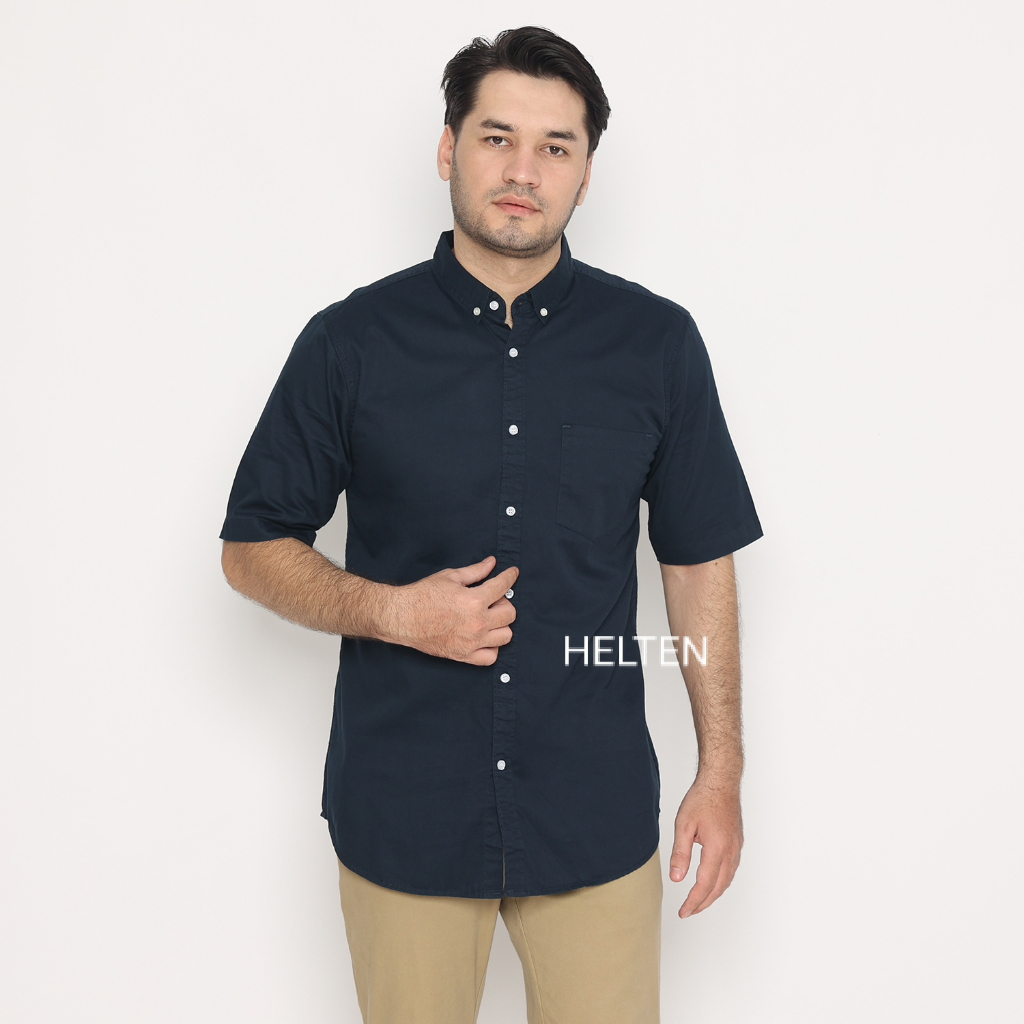 KEMEJA Helten Soft Twill Comfort Slim Navy Blue Short Plain Shirt ...