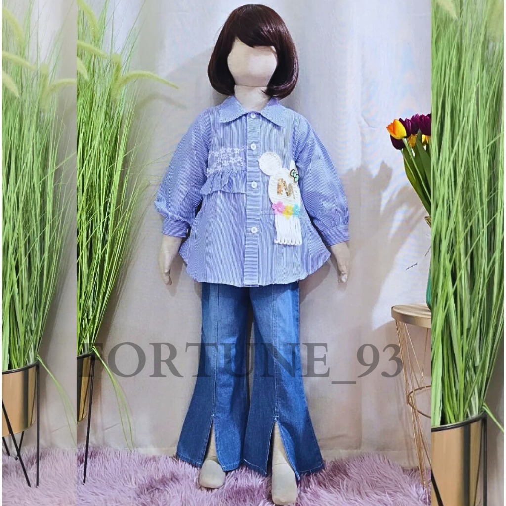 Girls' jeans set imported Korean style stripe stripe mix brukat cutbray ...