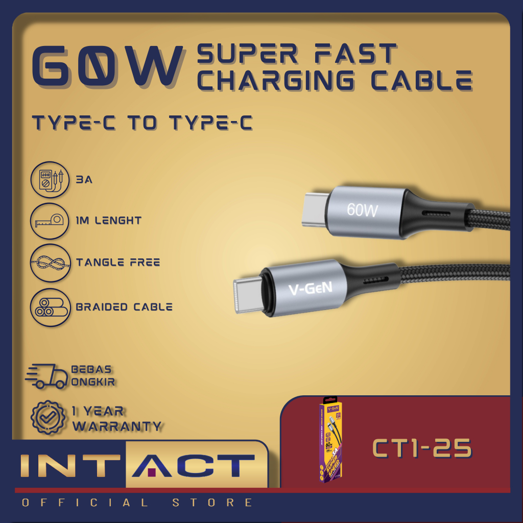 V-gen USB Data Cable CT1-25 Super Fast Charging 60W 3A QC PD Type C to ...