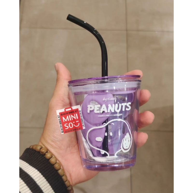 MINISO Glass Tumbler + Straw + Anti-Hot Silicone SNOOPY Colorful Life ...