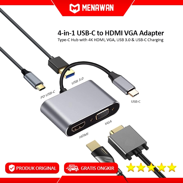 4-in-1 USB Type-C to HDMI VGA Adapter PD USB 3 Aluminum Converter VGA ...