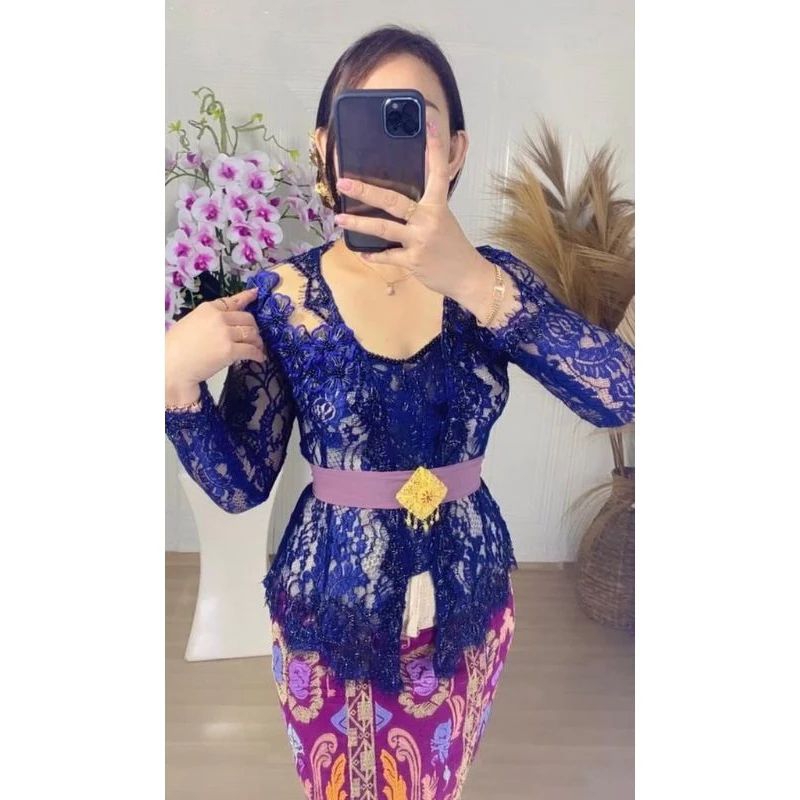 NAVY FLOWER STACKED SEQUENCE KEBAYA SIZE M | Shopee Philippines